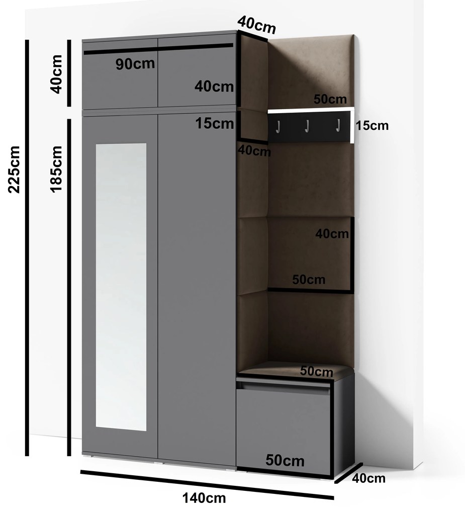 Eka Předsíňová stěna s čalouněnými panely Trinity 20 - Grafit / Zelená 2327