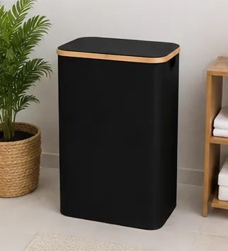 koš na prádlo, objem 60 l, s víkem, oxford/bambus, 66x41x22 cm, černá/přírodní, Dekorino KP20260010