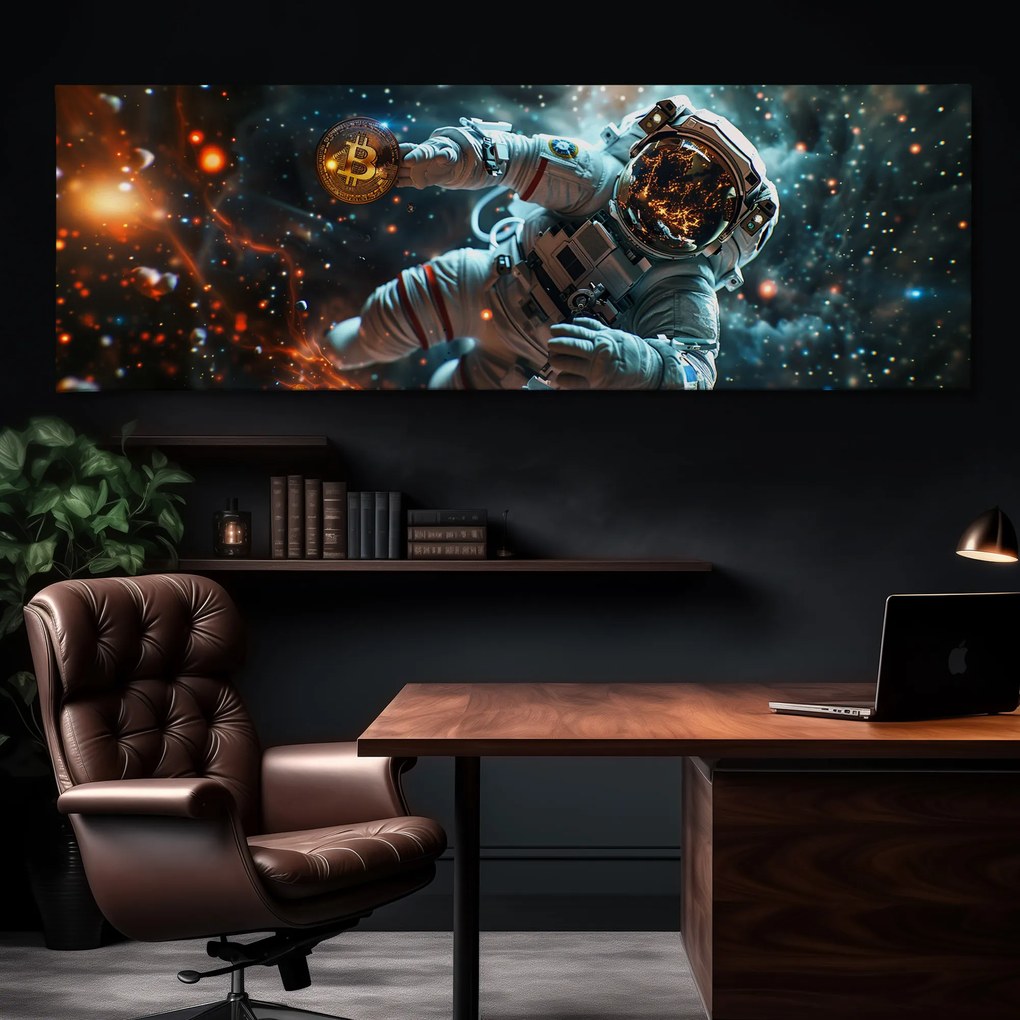 Obraz na plátně - Bitcoin, Astronaut štosuje ve vesmíru FeelHappy.cz Velikost obrazu: 90 x 30 cm