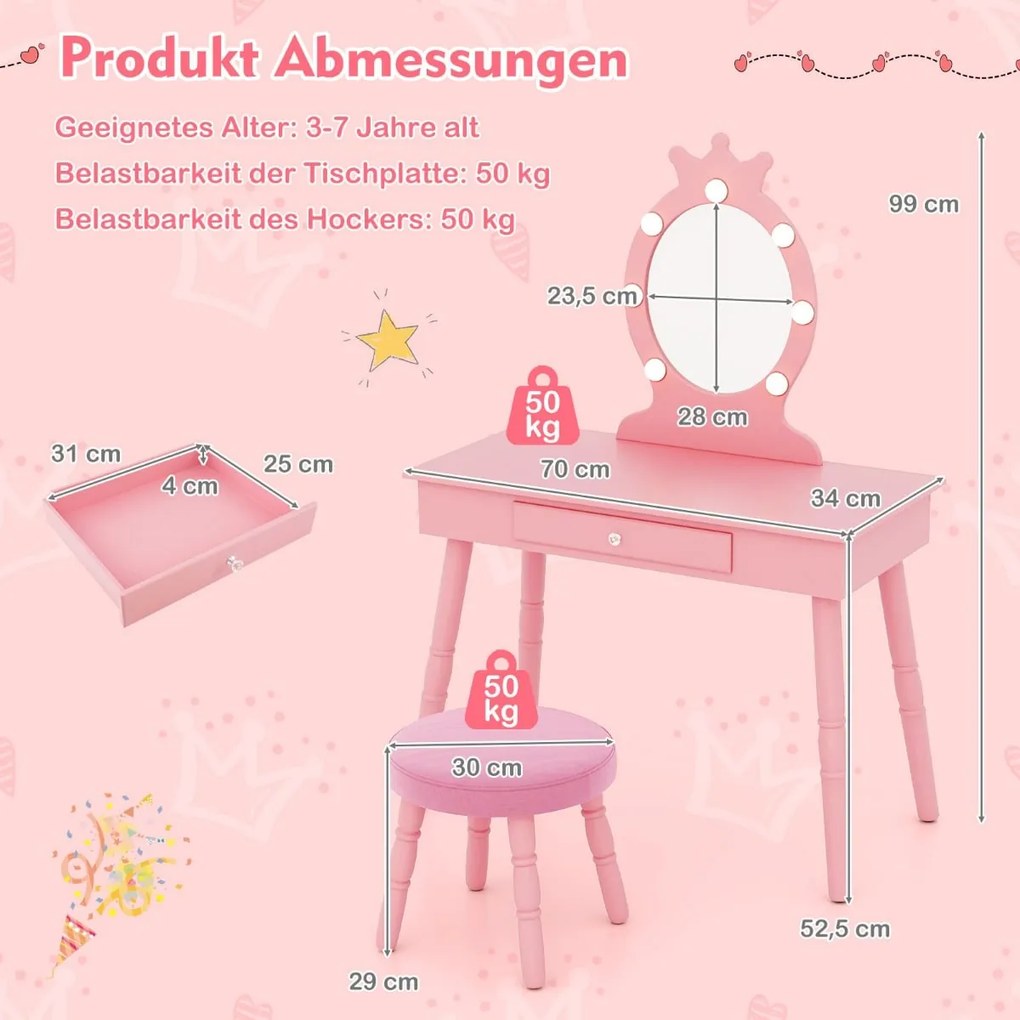 Costway Toaletní stolek pro děti s osvětlením 2 v 1 Princess s odnímatelným