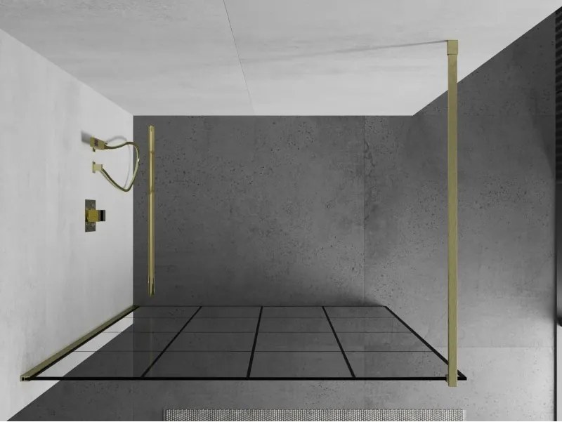 Mexen Kioto, sprchová zástěna Walk-In 150 x 200 cm, 8mm čiré sklo černý vzor, zlatý matný profil, 800-150-101-55-77