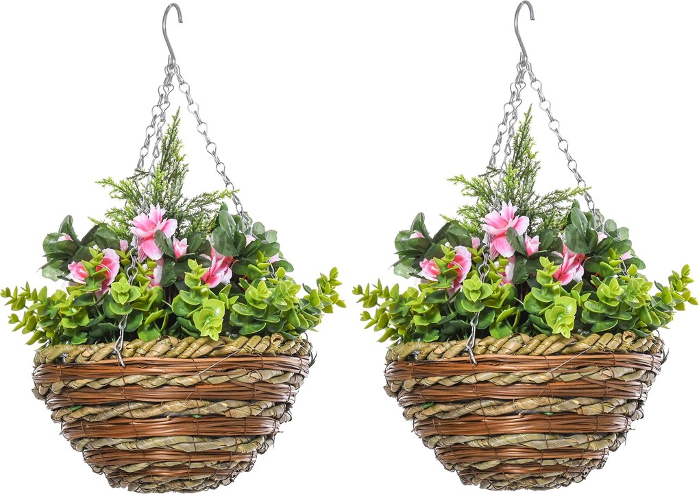Outsunny Sada 2 Umělých Rostlin Lisianthus v Květináči s Háčkem, Umělé Rostliny z PE a Slinky, Ø25x34 cm, Zelená a Růžová | Aosom
