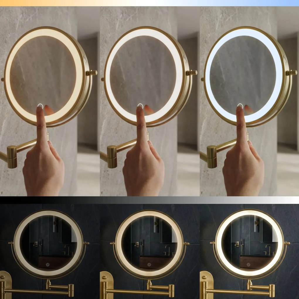 Rea Kosmetické zrcadlo ⌀20 cm s regulovatelným LED osvětlením HOM-70001 Gold Old - kartáčovaná zlatá