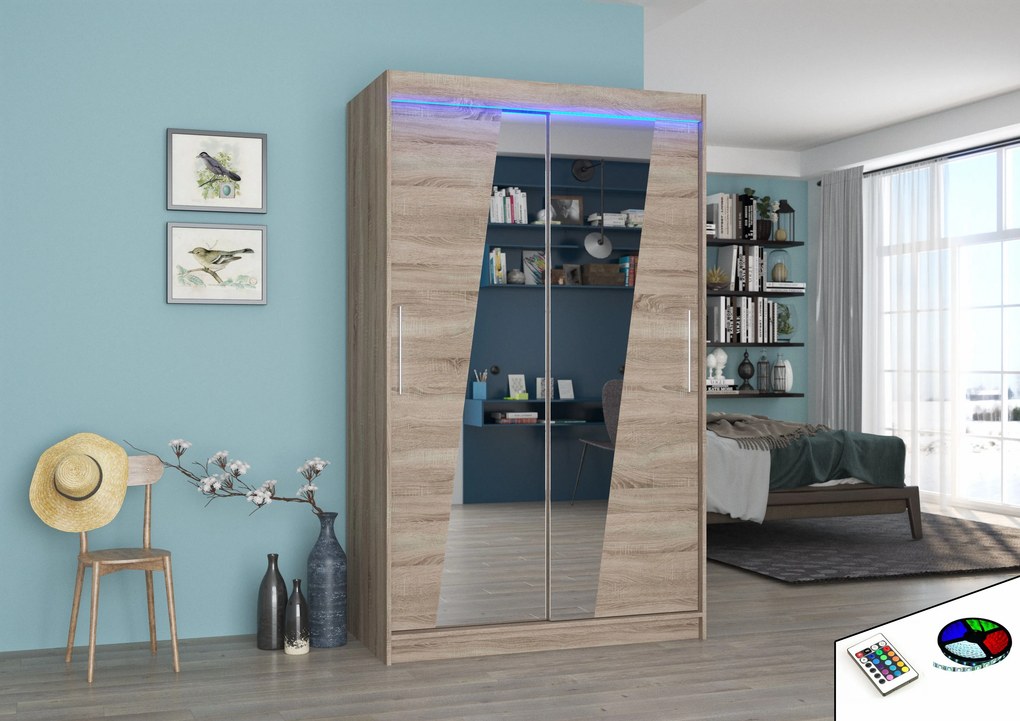 ADRK Furniture Posuvná skříň se zrcadlem a LED osvětlením TEXAS 120 ADRK-SW-TEX-T-120+L
