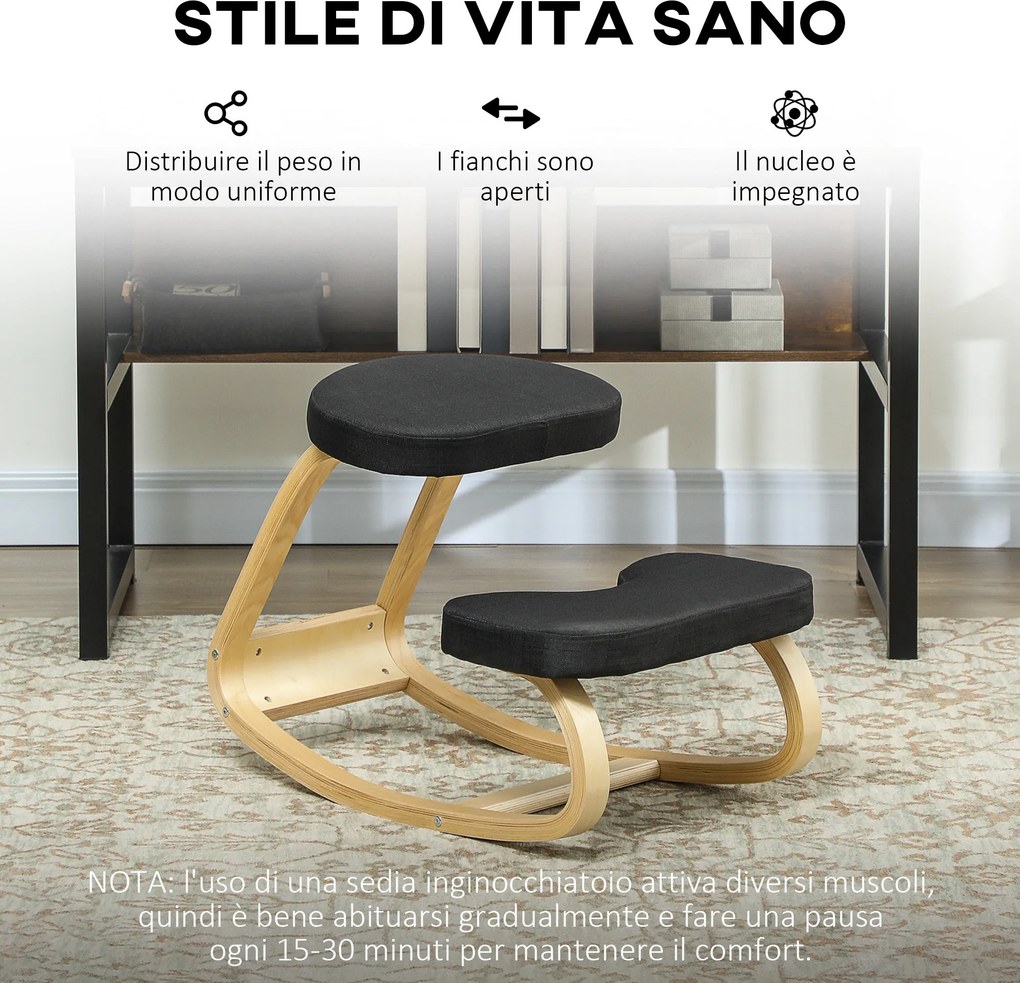 HOMCOM Ergonomická houpací kolenící židle v lněné efekt tkanině a z březového dřeva, 50x73x55 cm, Černá