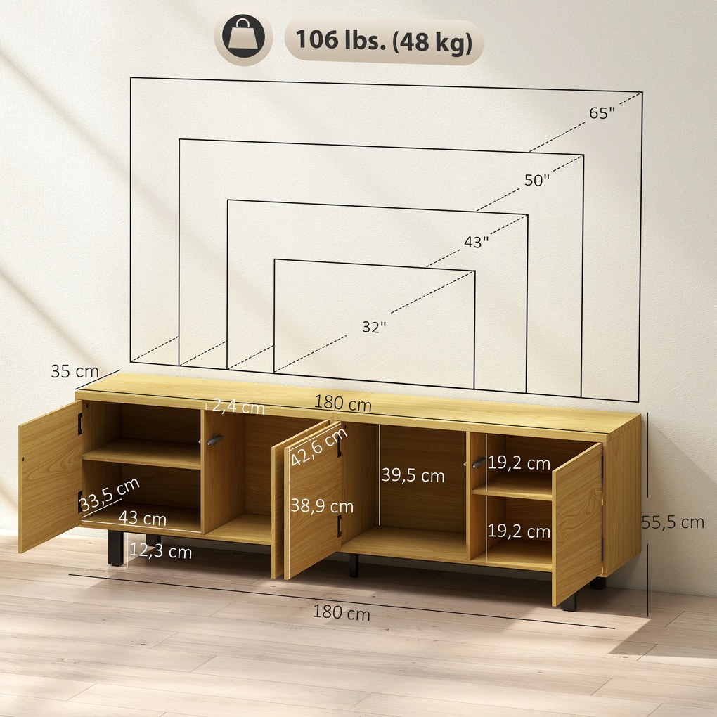 HOMCOM TV stolek 180 cm — dekor přírodního dřeva, pro TV až 208 cm, 4 dvířka s otevíráním na stisk