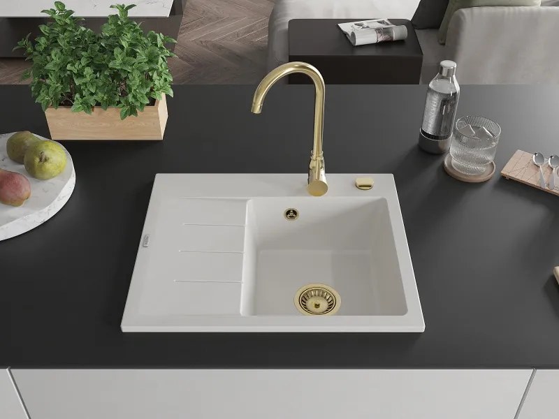 Mexen Ben, 1-komorový granitový dřez 600x500x190 mm, pravý + zlatý sifon, bílá, 6523605000-20-G
