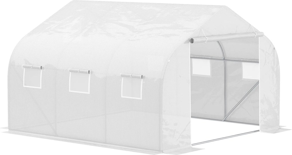 Zelená tunelová skleník Outsunny 3,5x3x2 m s 6 okny a PE polyethylenovým potahem 140 g/m² pro rostliny, květiny a zeleninu ve bílém patiu | Aosom