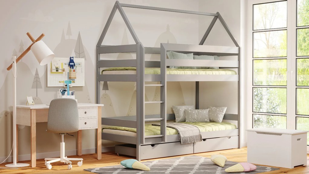 BabyBeds Dětská patrová postel DOMEČEK Velikost postele: 180x80 cm, Barva postele: Modrá, Úložný prostor: Jeden velký šuplík na kolečkách