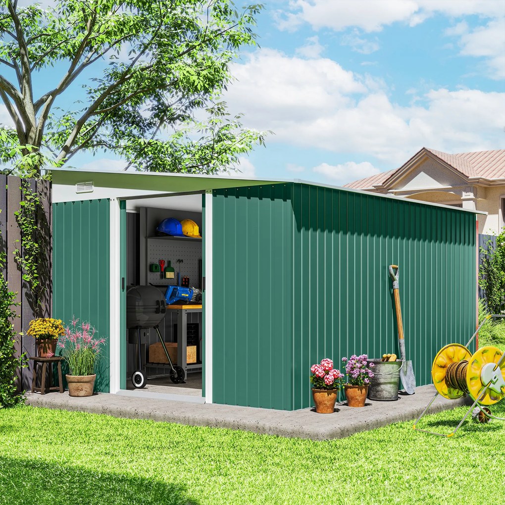 Outsunny Kovový zahradní domek se šikmou střechou a zamykatelnými dvojitými dveřmi 2,8 x 3,45 x 2,01 m, zelený