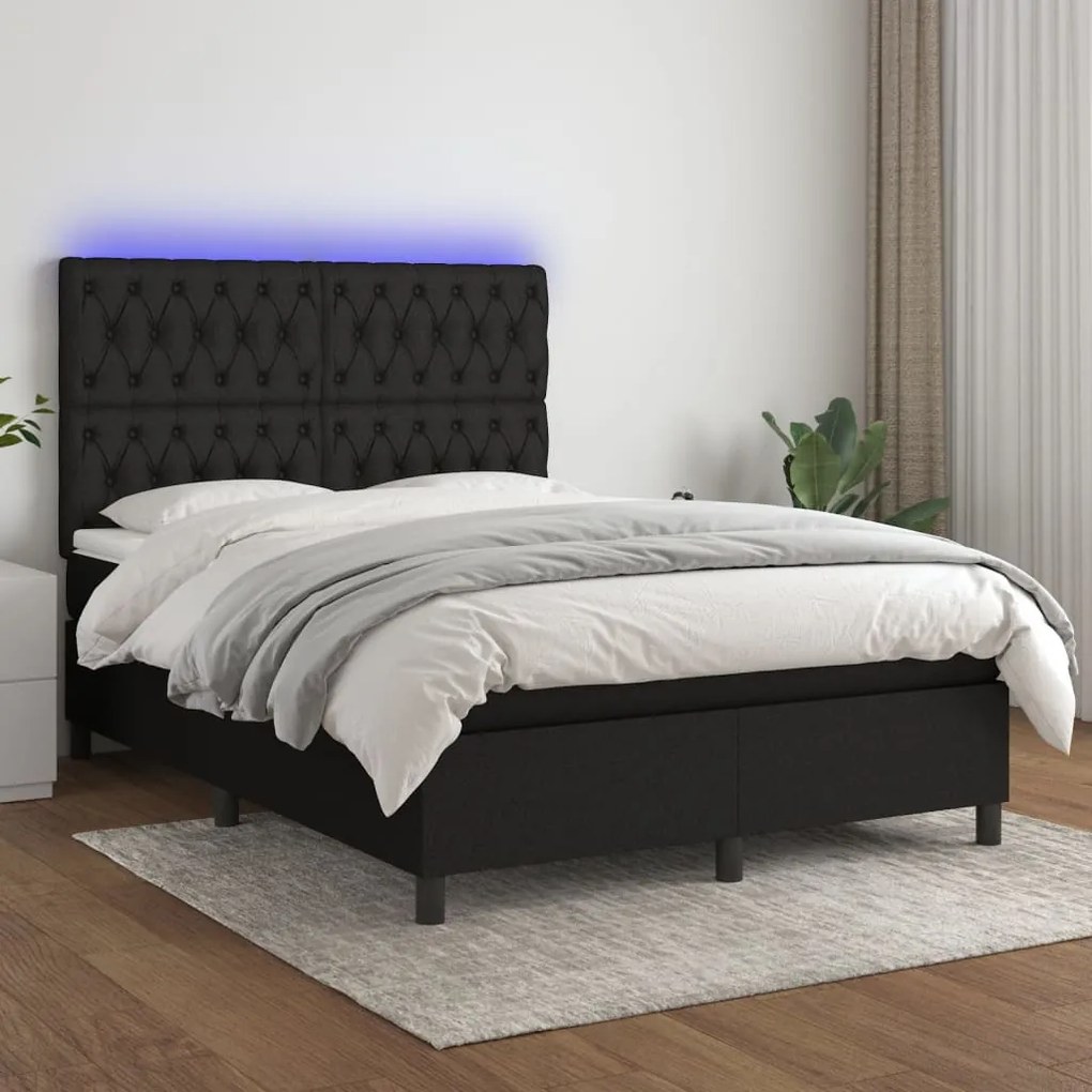 Box spring postel s matrací a LED černá 140x200 cm textil 3135119