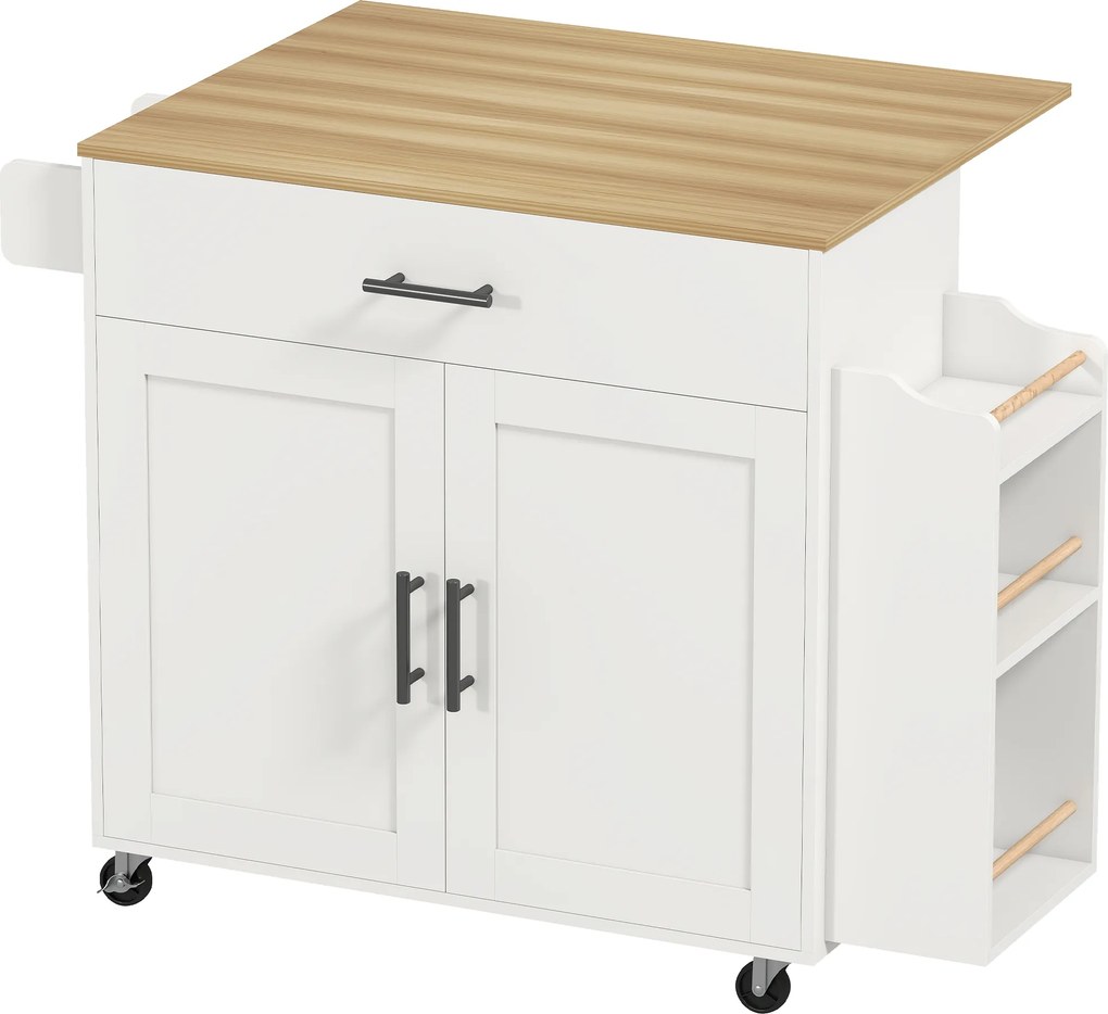 HOMCOM Kuchyňský ostrůvek, kuchyňský vozík na kolečkách, s sklápěcí pracovní deskou, zásuvkou, odkládacím prostorem, 120 x 68 x 85 cm, bílý