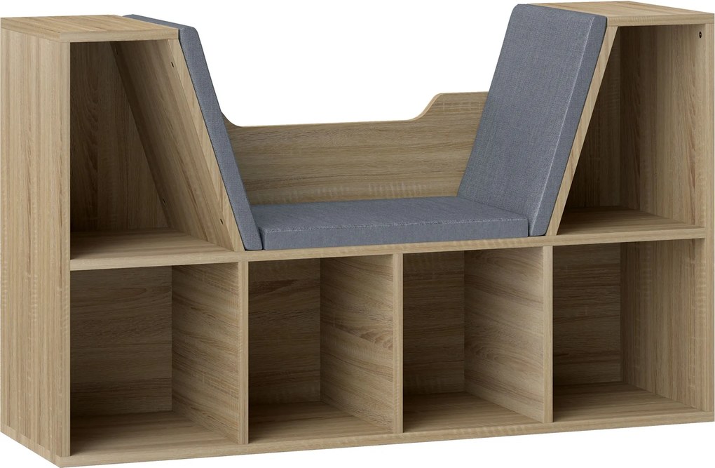 HOMCOM Moderní design 2-v-1 Knihovna s lavičkou s 6 přihrádkami a 3 polštáři Dub šedý 102D x 30Š x 61V cm | Aosom