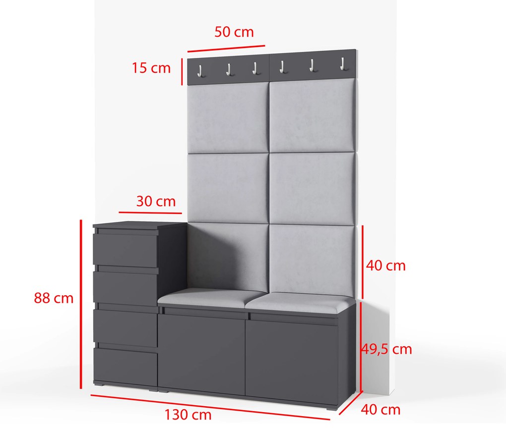 Eka Předsíňová stěna s čalouněnými panely Trinity 34 - Dub Artisan s černou /Tmavá růžová 2323