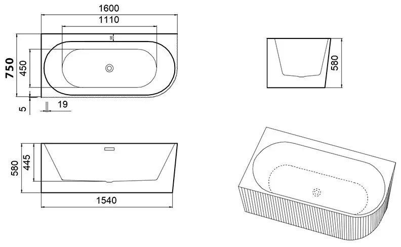 BPS-koupelny Volně stojící rohová akrylátová vana HYD-RIO504C levá 160x75 bílá, odtokový komplet bílý