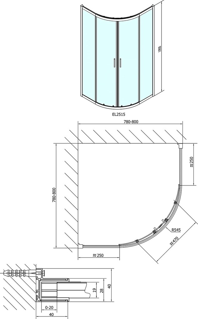 Polysan Polysan, EASY LINE čtvrtkruhová sprchová zástěna 800x800mm, L/R, čiré sklo, EL2515