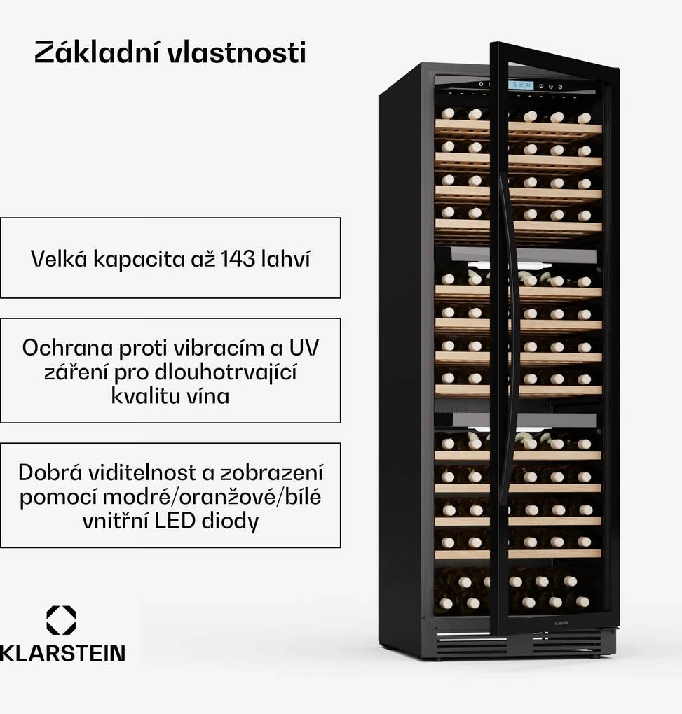 Klarstein Vinovilla Trio vinotéka, 143 lahví, 3 zóny, 38 dB, 12 polic, kompresor, 413 litrů