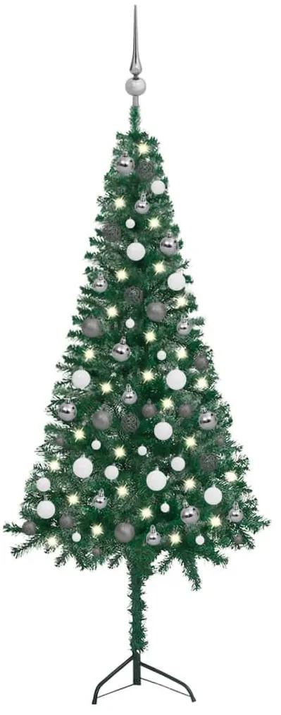 3077963 vidaXL Rohový umělý vánoční stromek LED a sada koulí zelený 150 cm PVC