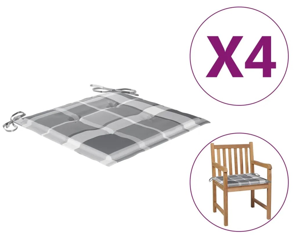 314072 vidaXL Podušky na zahradní židle 4 ks šedé kárované 50x50x3 cm textil