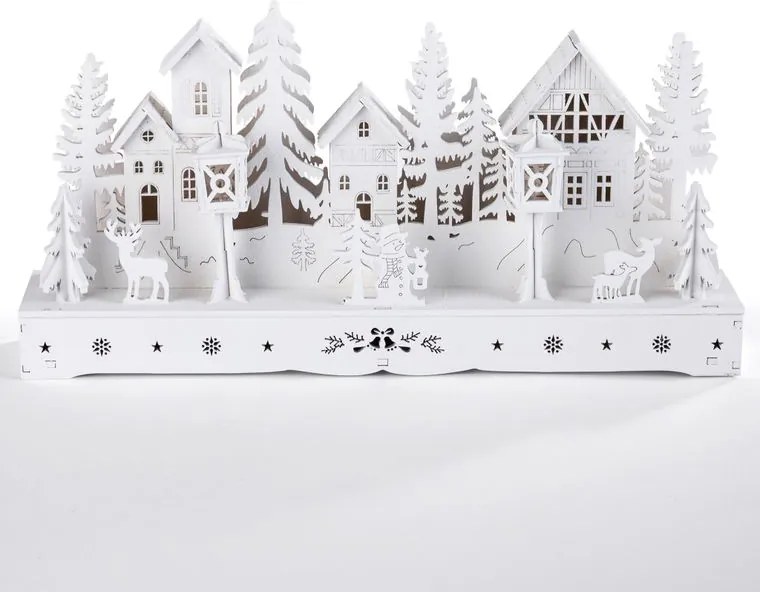 Dřevěná LED dekorace VESNICE bílá délka 30 cm