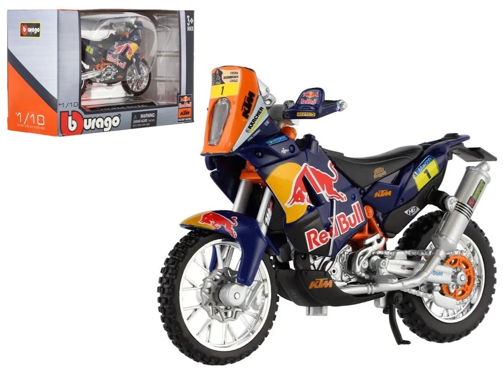 Motorka bburago ktm 450 rally (dakar rally)  kov/plast 12cm v krabičce 17x11x7cm