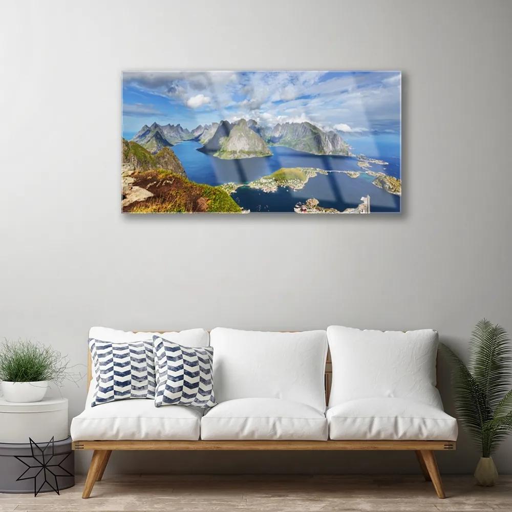 Obraz na skle Hory Moře Záliv Krajina 120x60 cm