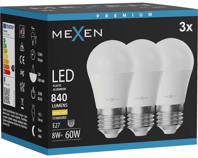 Mexen Nova 3x LED žárovka E27, G45, 8W, Teplá - 3000K, 840 lm - L101-E27-0830-01x03