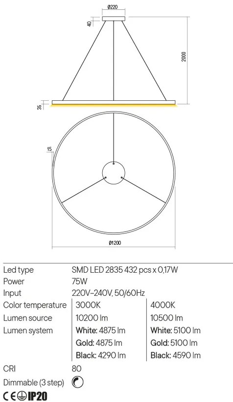 Redo Závěsné LED svítidlo Febe - kulaté, ø120cm Barva: Zlatá, Chromatičnost: 3000K