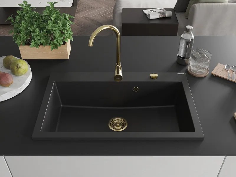 Mexen Elix granitový dřez 1-komorový 800 x 500 mm, černý, zlatý sifon - 6527801005-77-G