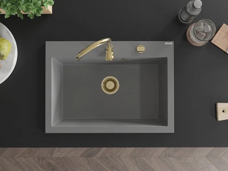 Mexen Elix, 1-korový granitový dřez 700 x 500 mm, šedá, zlatý sifon, 6526701005-71-G
