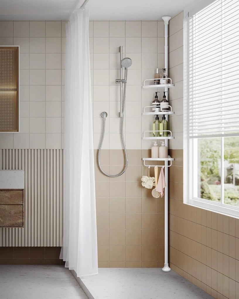 Nastavitelný teleskopický koupelnový rohový regál, 85-305 cm