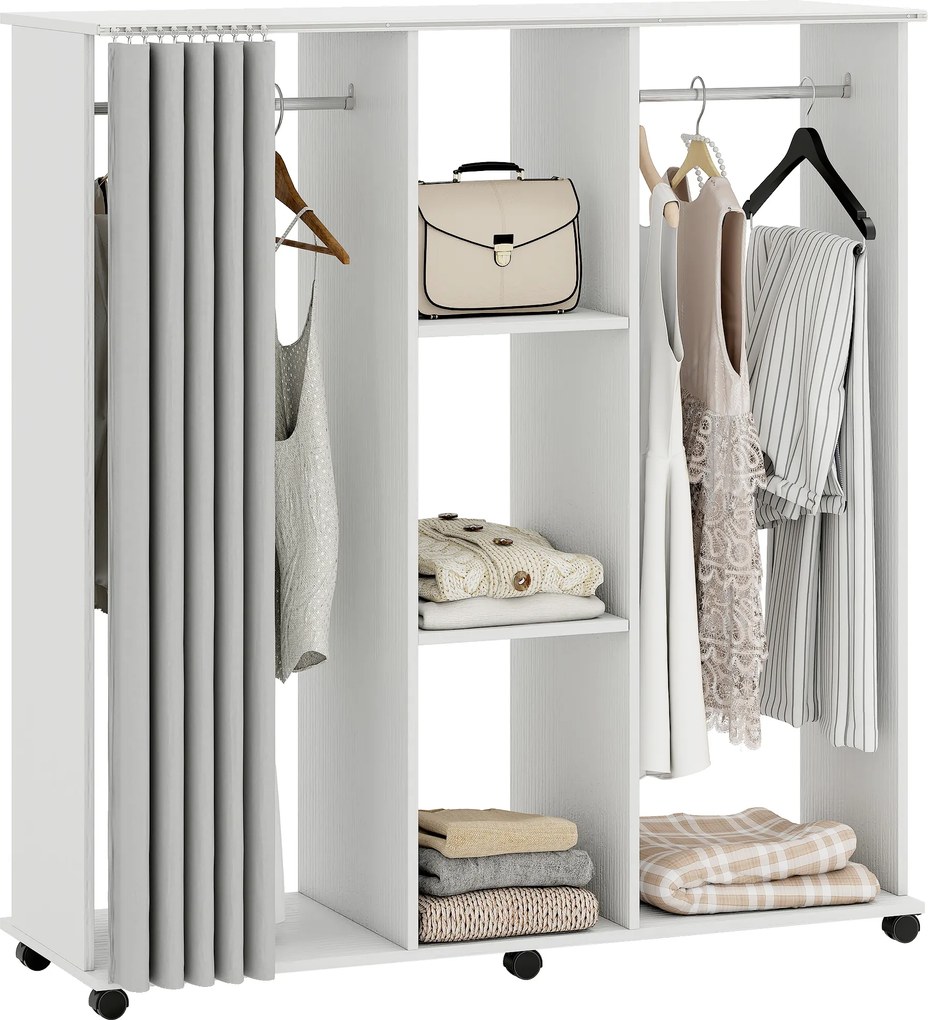 HOMCOM Šatní skříň, šatník, mobilní úložný nábytek 6 koleček 120L x 40l x 128H cm, bílý
