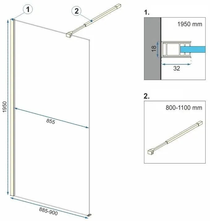 Rea Aero Ombre, sprchová zástěna Walk-In 90x195 cm, 8mm čiré sklo s bílým vzorem, zlatý matný profil, REA-K2463