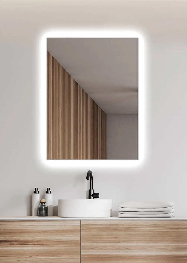 Zrcadlo do koupelny na zeď do pokoje do ložnice do předsíně na chodbu bez vypínače AMBIENTE 60 x 80 cm s LED podsvícením  po celém obvodu 410-821