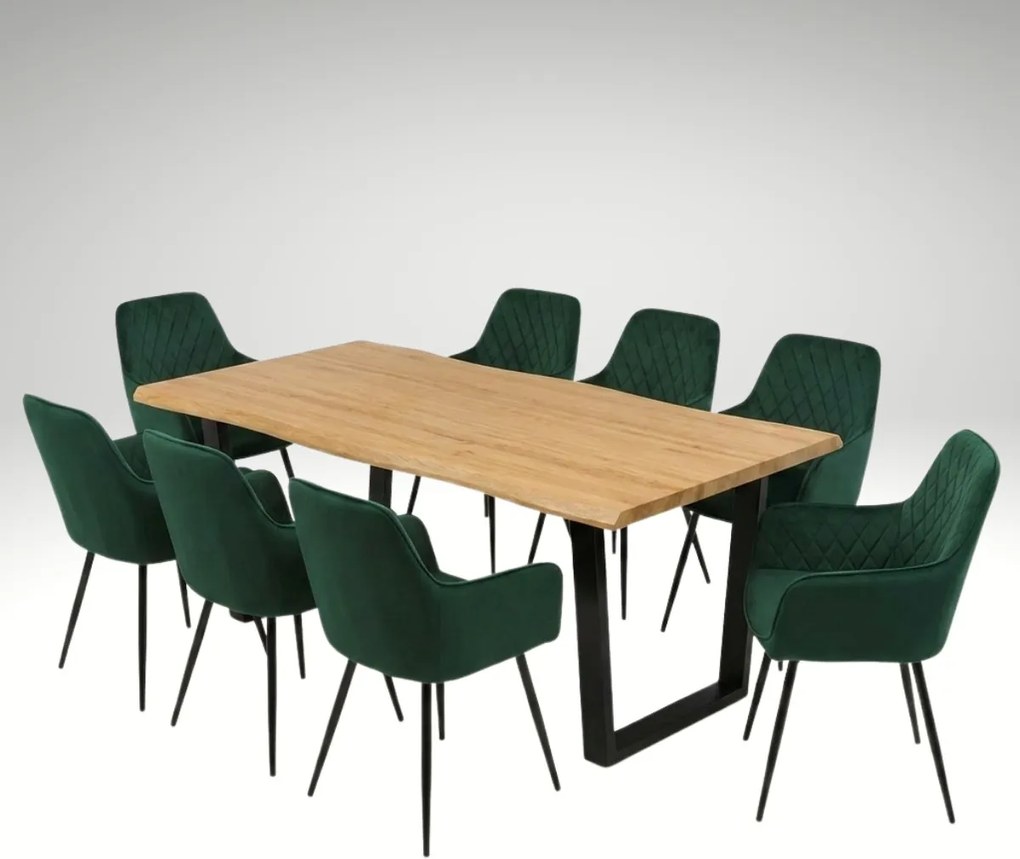 Vikio Jídelní set pro 8 osob 180x90 cm dub noha U zelená židle s područkami VJS168-8Z