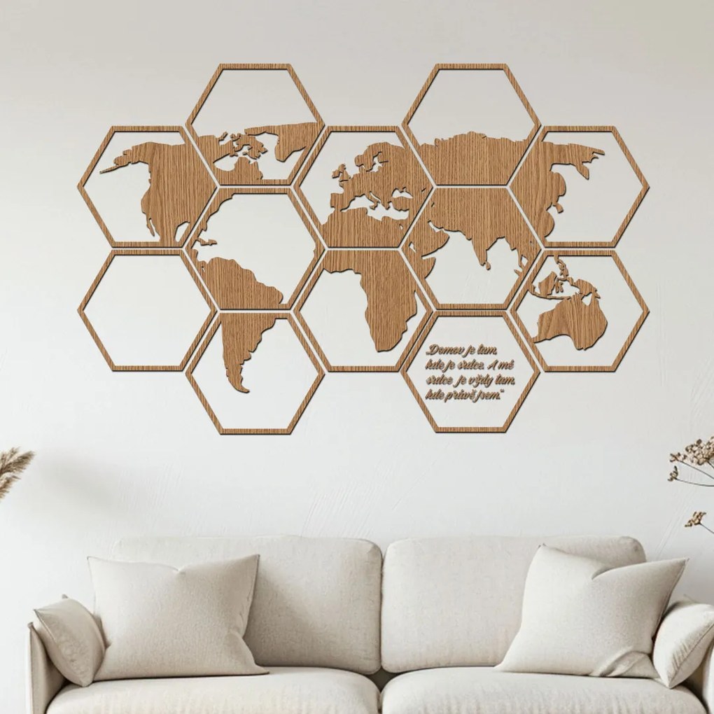 dřevo života Dřevěná mapa světa Hexagon Zvolte barvu dekoru: Bílá, Rozměry (cm): 93x60