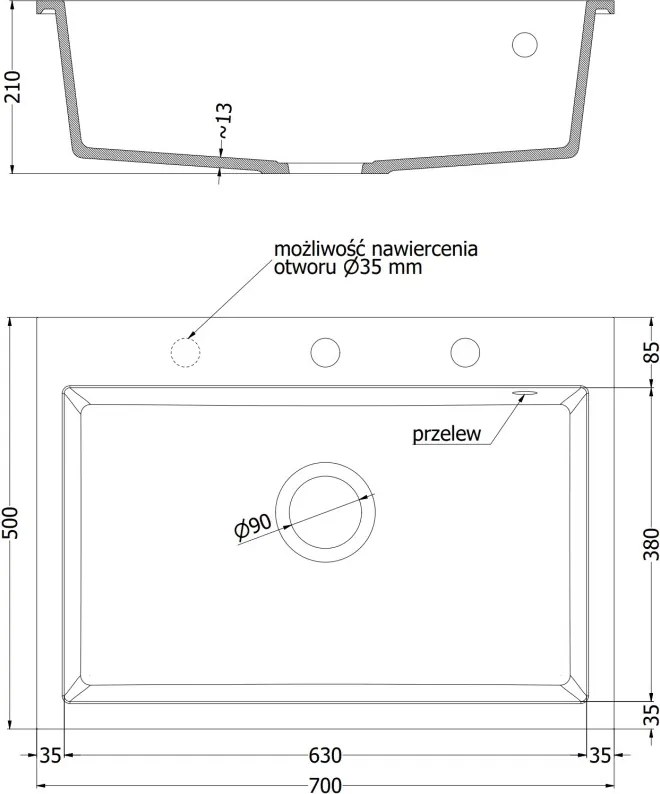 Mexen Elix granitový dřez 1-komorový 700 x 500 mm, šedý, chromový sifon - 6526701005-71