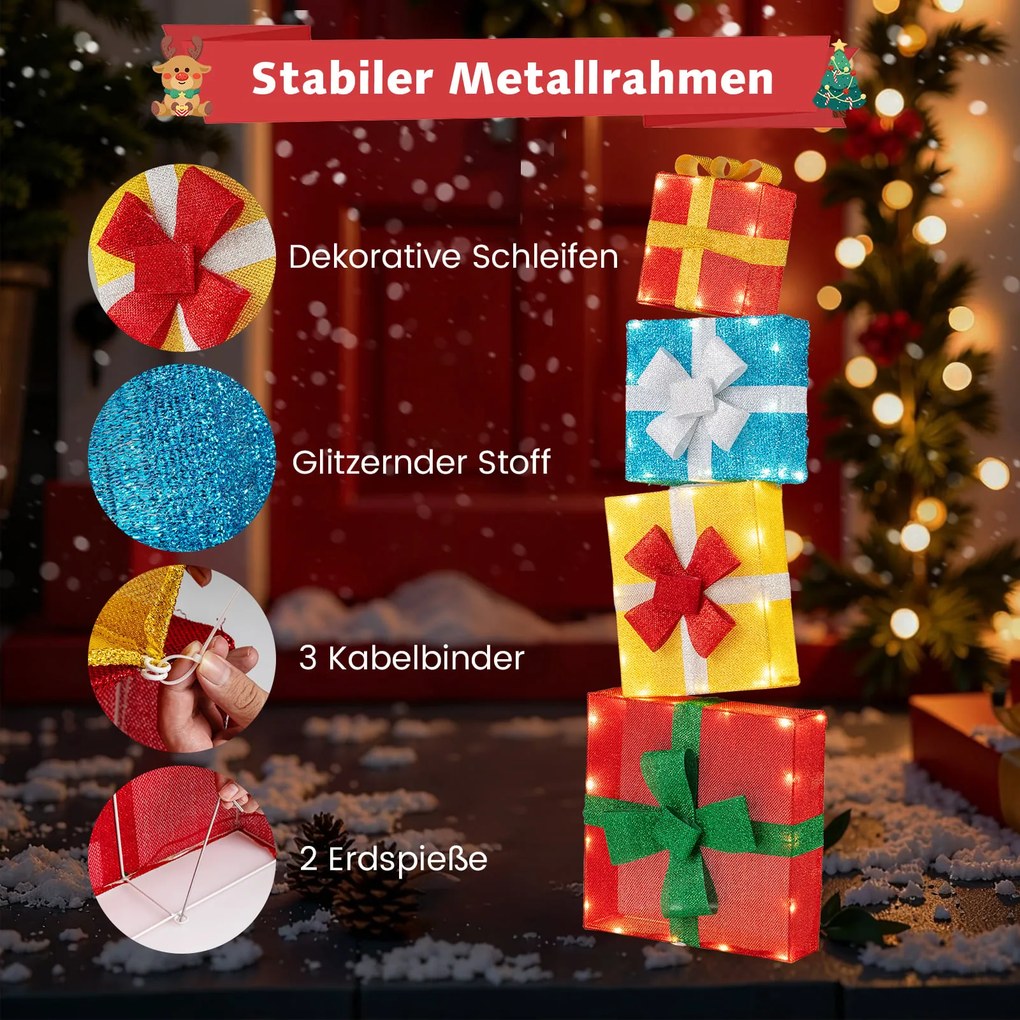 Costway 120 cm Osvětlené dárkové krabičky 2 D Sada vánočních dekorací s LED