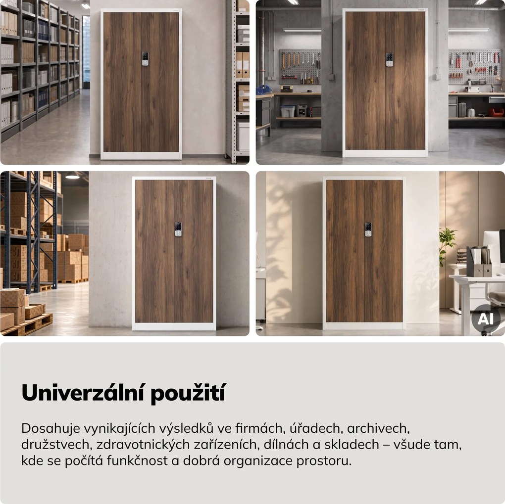 Kovová kancelářská skříň se zámkem na kód bílá, ořech, 900x1850x400 mm: DANIEL Eco Design