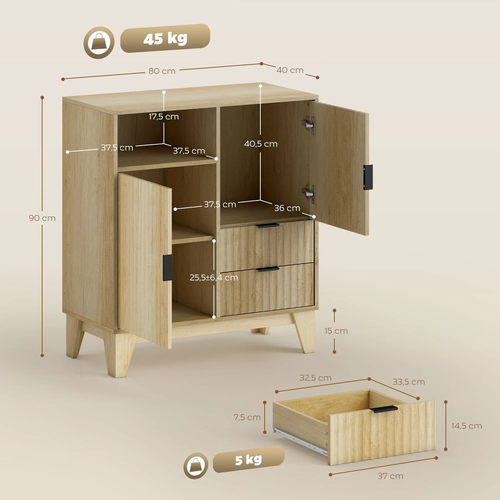HOMCOM komoda se 2 dveřmi a 2 zásuvkami, Soft-Close, 80×40×90 cm, vzhled přírodního dřeva