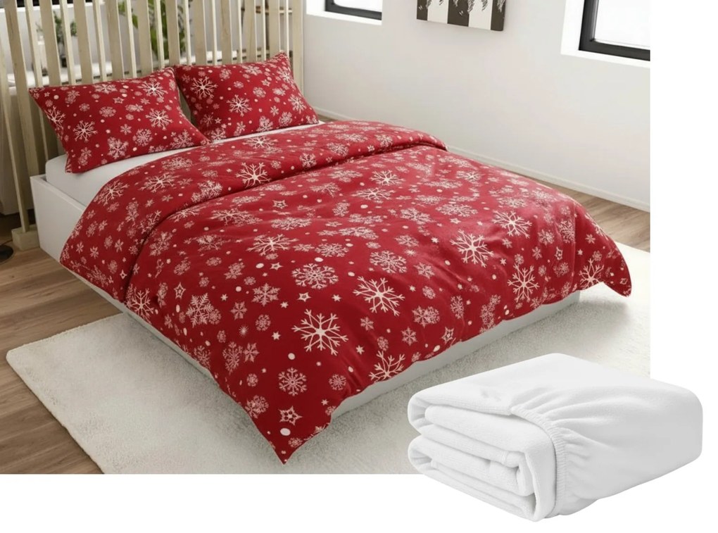 Sada mikroplyšového povlečení SNOWFALL červené + prostěradlo mikroplyš SOFT 90x200 cm bílé, jednolůžko
