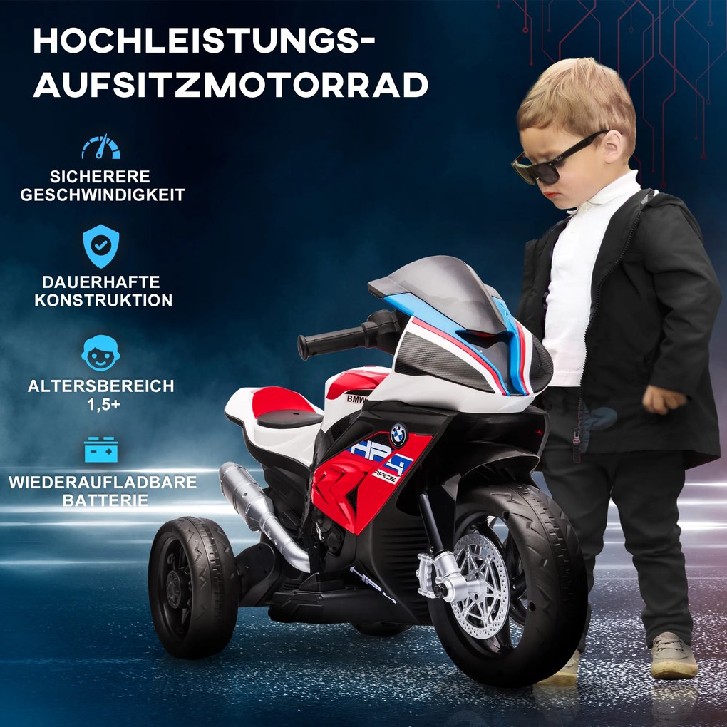 HOMCOM dětská elektrická motorka 3kolové elektrické vozidlo s hudebními režimy od 18 měsíců, červená, bezpečná zábava pro batolata