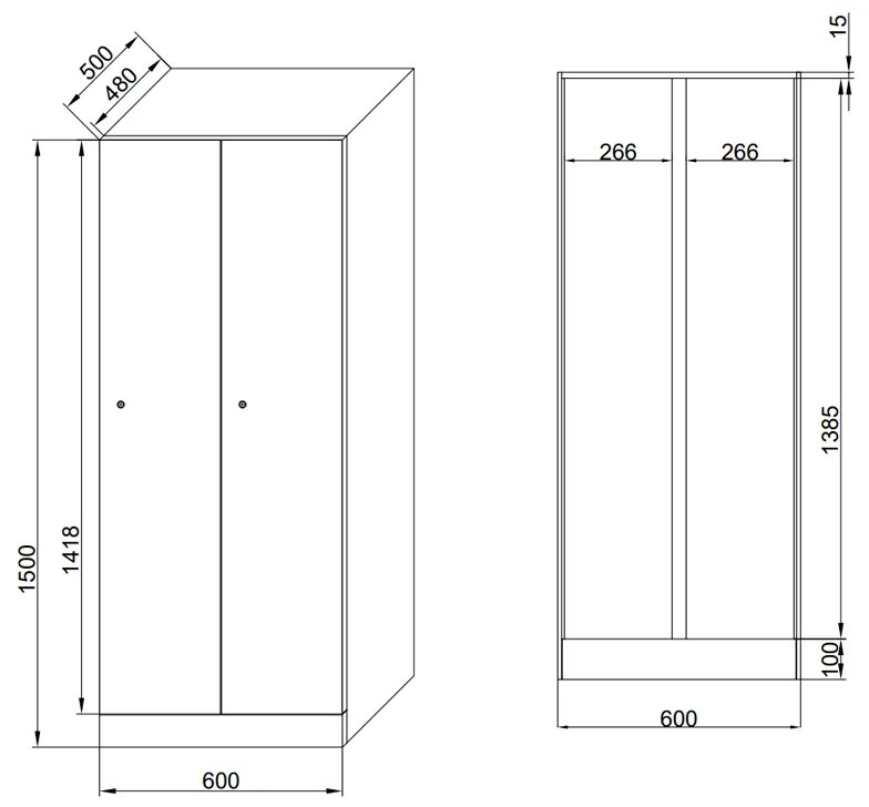 Šatní skříňka snížená, 2 oddíly, 1500 x 600 x 500 mm, mechanický kódový zámek, laminované dveře, bříza