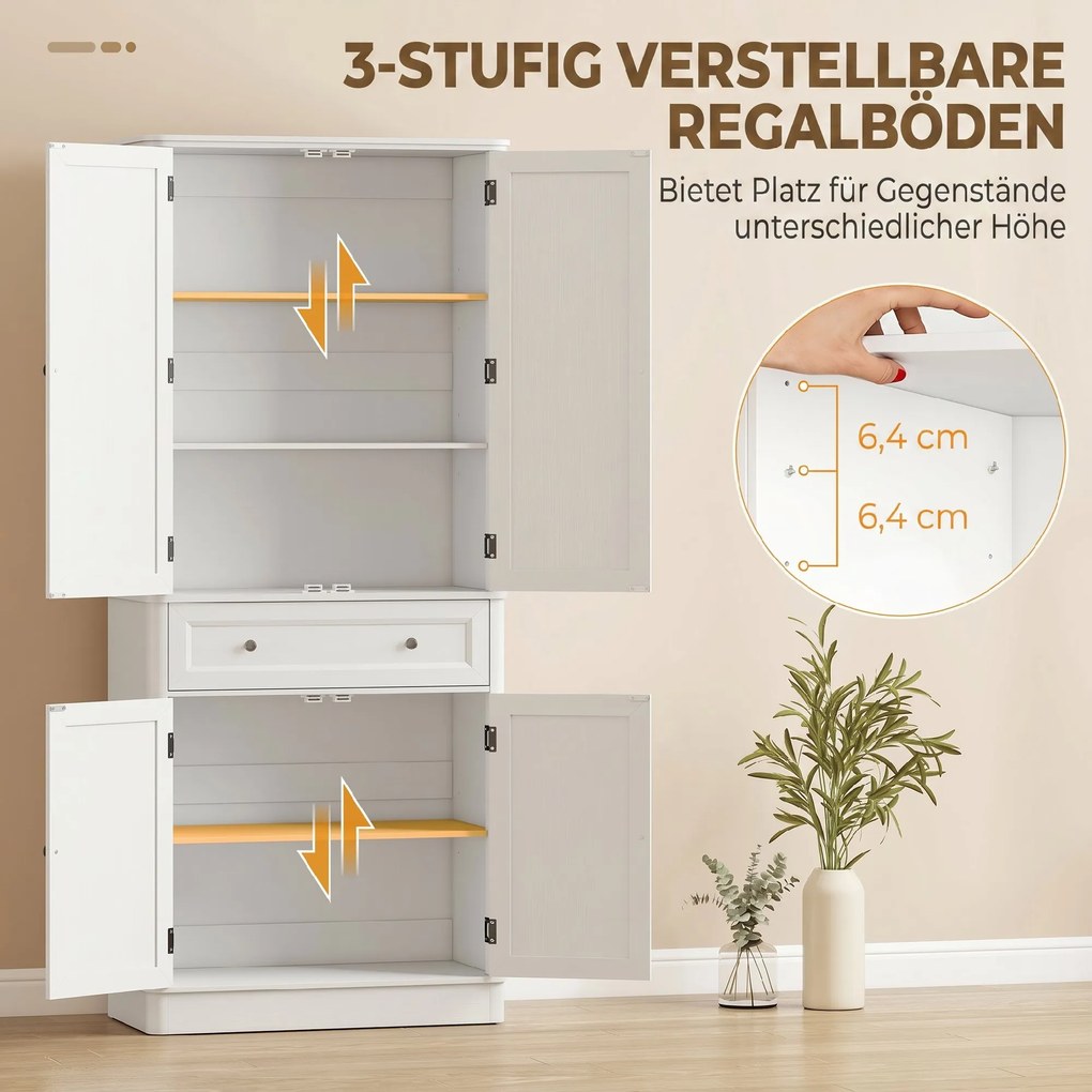 HOMCOM 186,4 cm vysoká kuchyňská skříň se čtyřmi dvířky, zásuvkou a nastavitelnými policemi, bílá – 80 x 39,5 x 186,4 cm