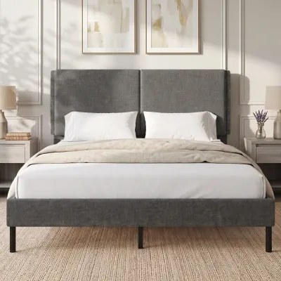 HOMCOM postelový rám 140 x 190 cm s lamelovým roštem a nastavitelným čelem, čalouněná manželská postel s lněným potahem, úložný prostor pod ní, šedá