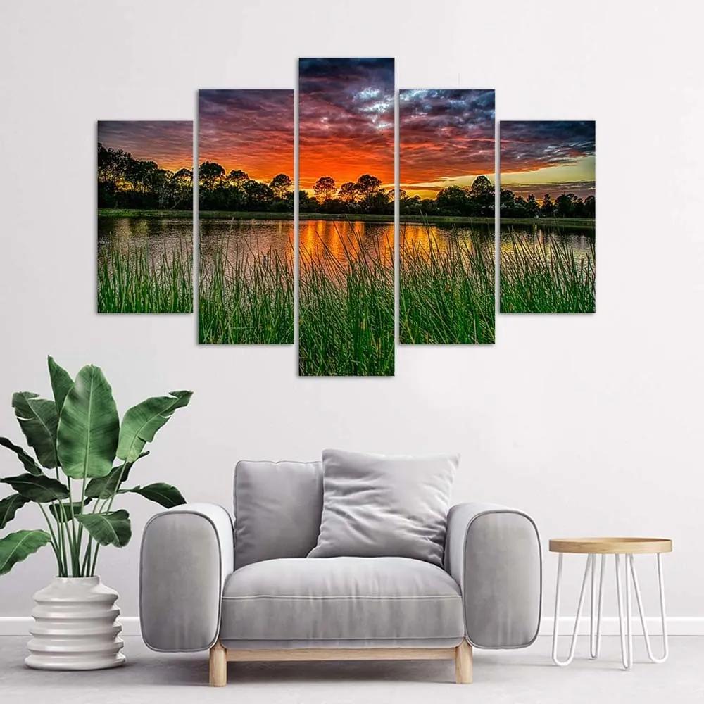 Obraz na plátně pětidílný Západ slunce u jezera - 200x100 cm