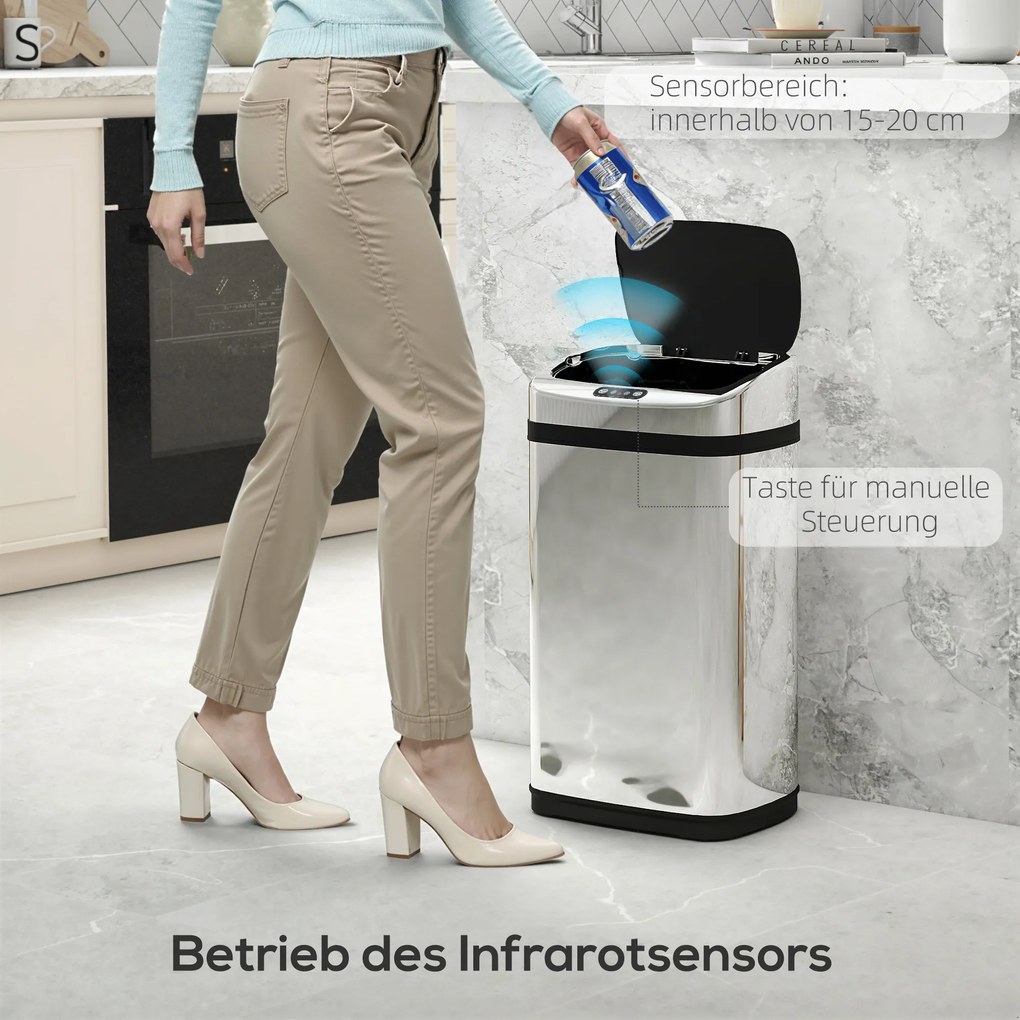 HOMCOM Automatický senzorový odpadkový koš 30 l s IR senzorem, čtvercový, nerez, volitelný vnitřní koš pro hygienické nakládání s odpady