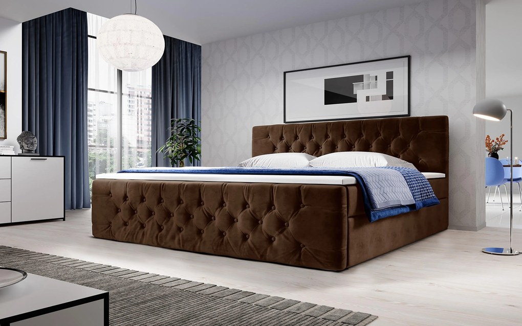 Boxspring postel VELUTTO s úložným prostorem, látka Velikost postele: 120 × 200 cm, Barva látky: Béžová látka, Výběr matrace: Oboustranná pružinová…