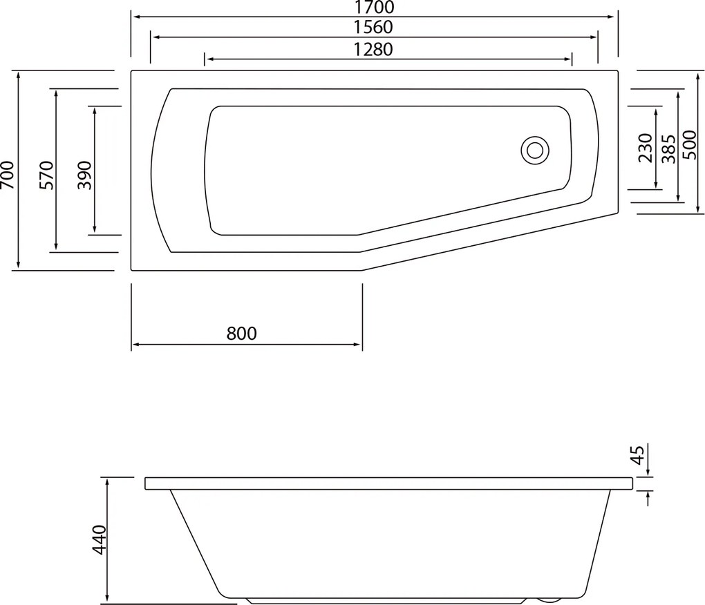 Aqualine Opava C1770 asymetrická vana 170 x 70 cm akrylátová levá