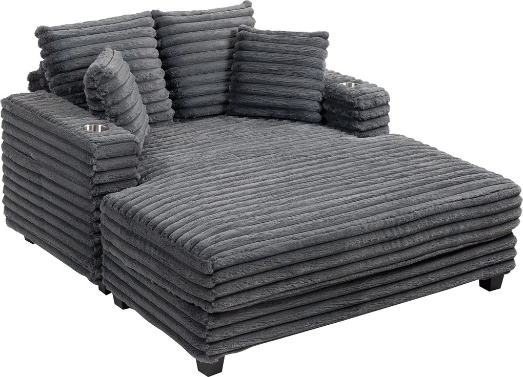 HOMCOM rozkládací pohovka pro 2 s chaise, šedý kordurový potah, polštářky, držáky na nápoje — 134 × 151 × 89 cm | Aosom